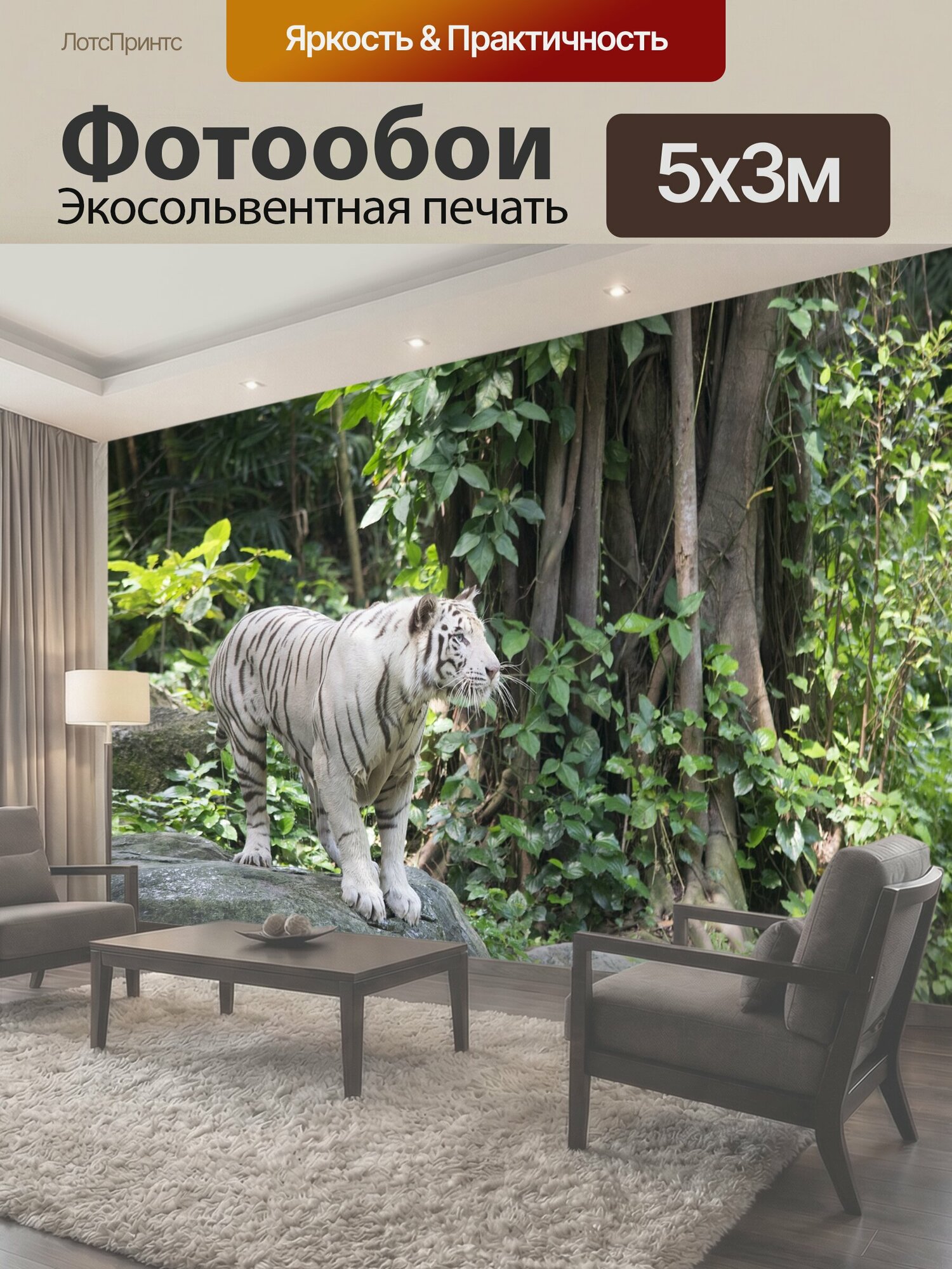 Фотообои "Белый тигр, тигры, кошка" 500x300 см. экосольвентная печать