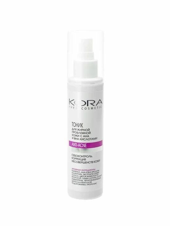 Тоник для жирной проблемной кожи с АНА и ВНА кислотами KORA with AHA and BHA acids
