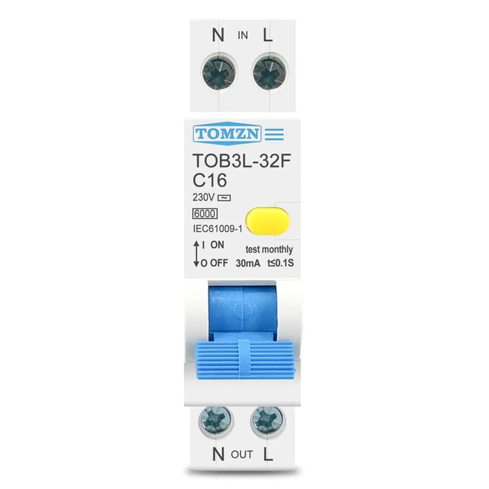 TOMZN 18MM 230V RCBO 1P+N 6KA Дифференциальный автоматический выключатель остаточного