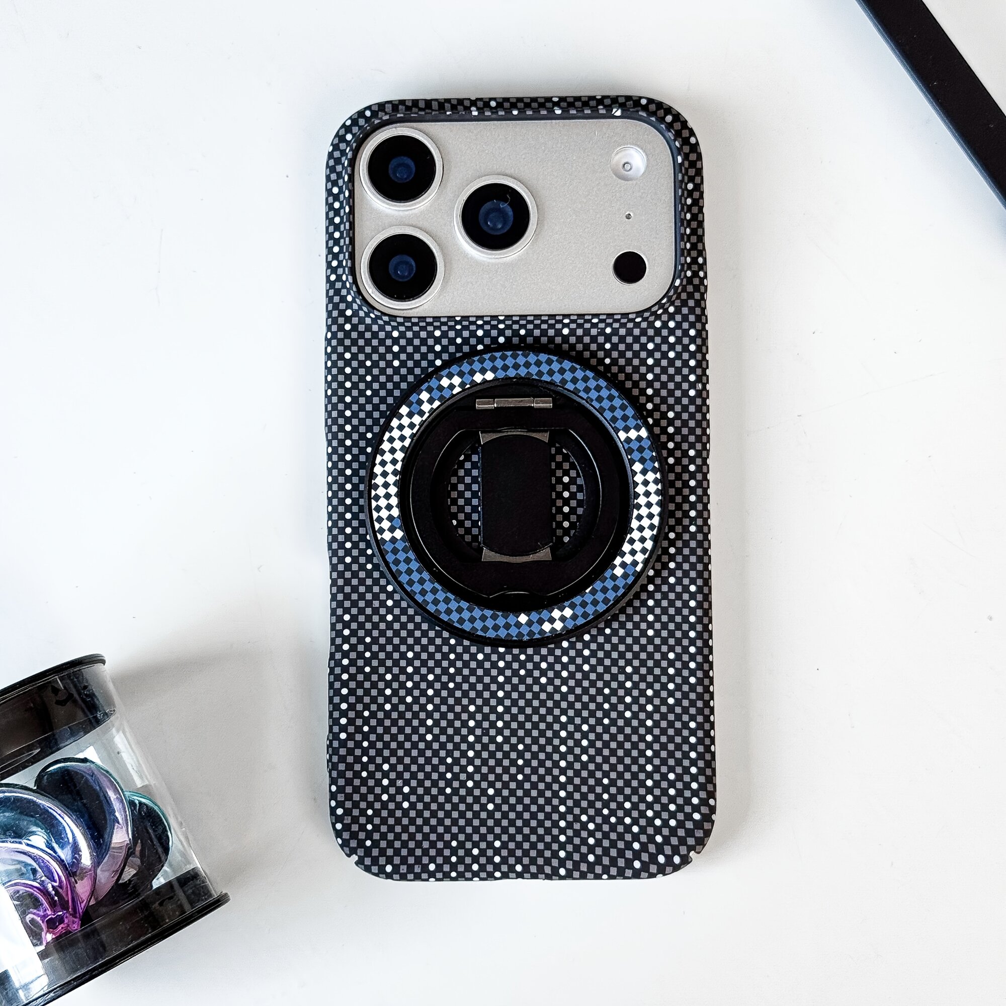 Магнитный держатель для телефона с кольцом, складной, вращение 360°, с антистресс-волокном, синий
