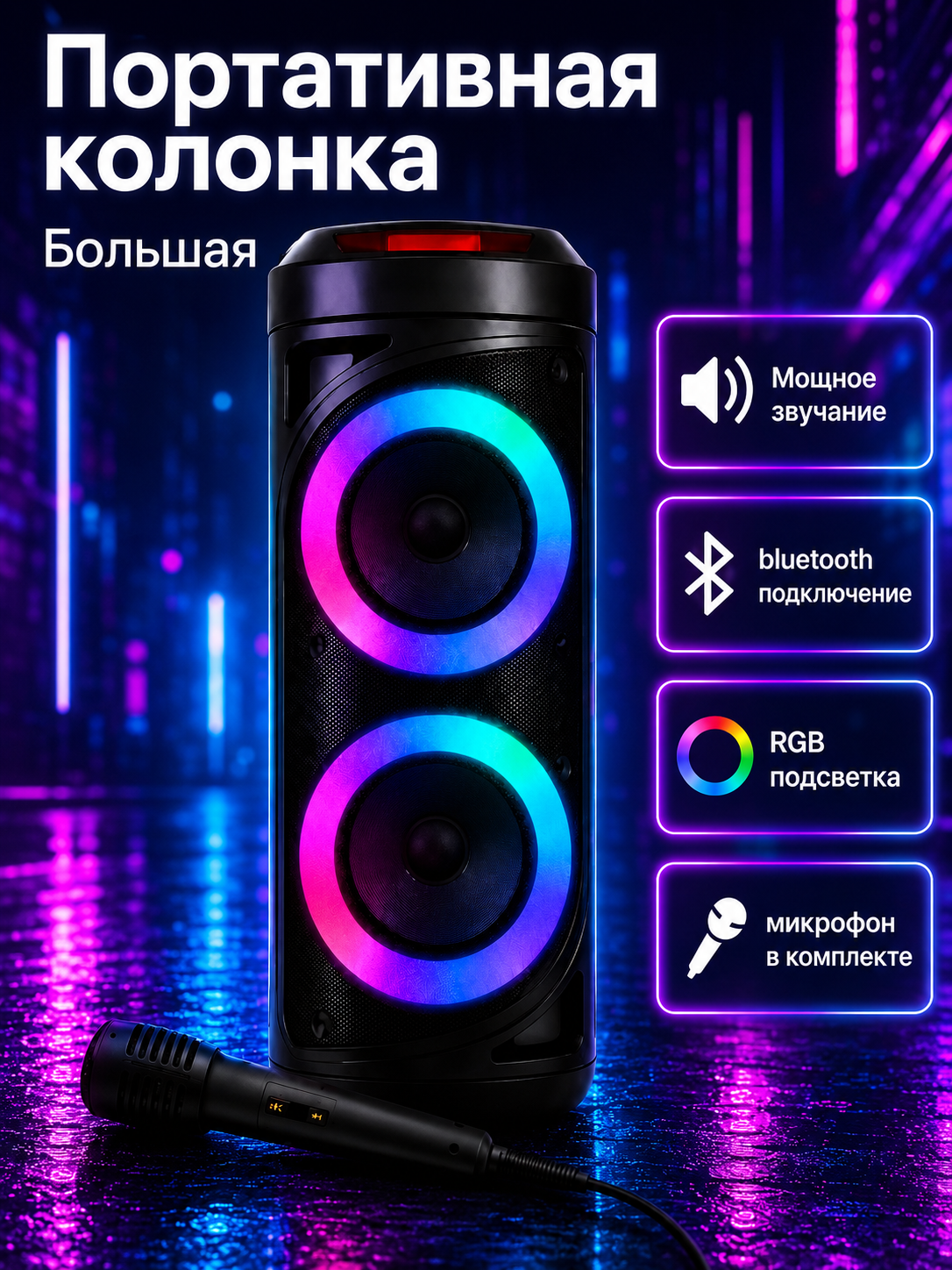 Беспроводная большая блютуз колонка, портативная bluetooth акустика, мощная, с микрофоном караоке, RGB подсветка