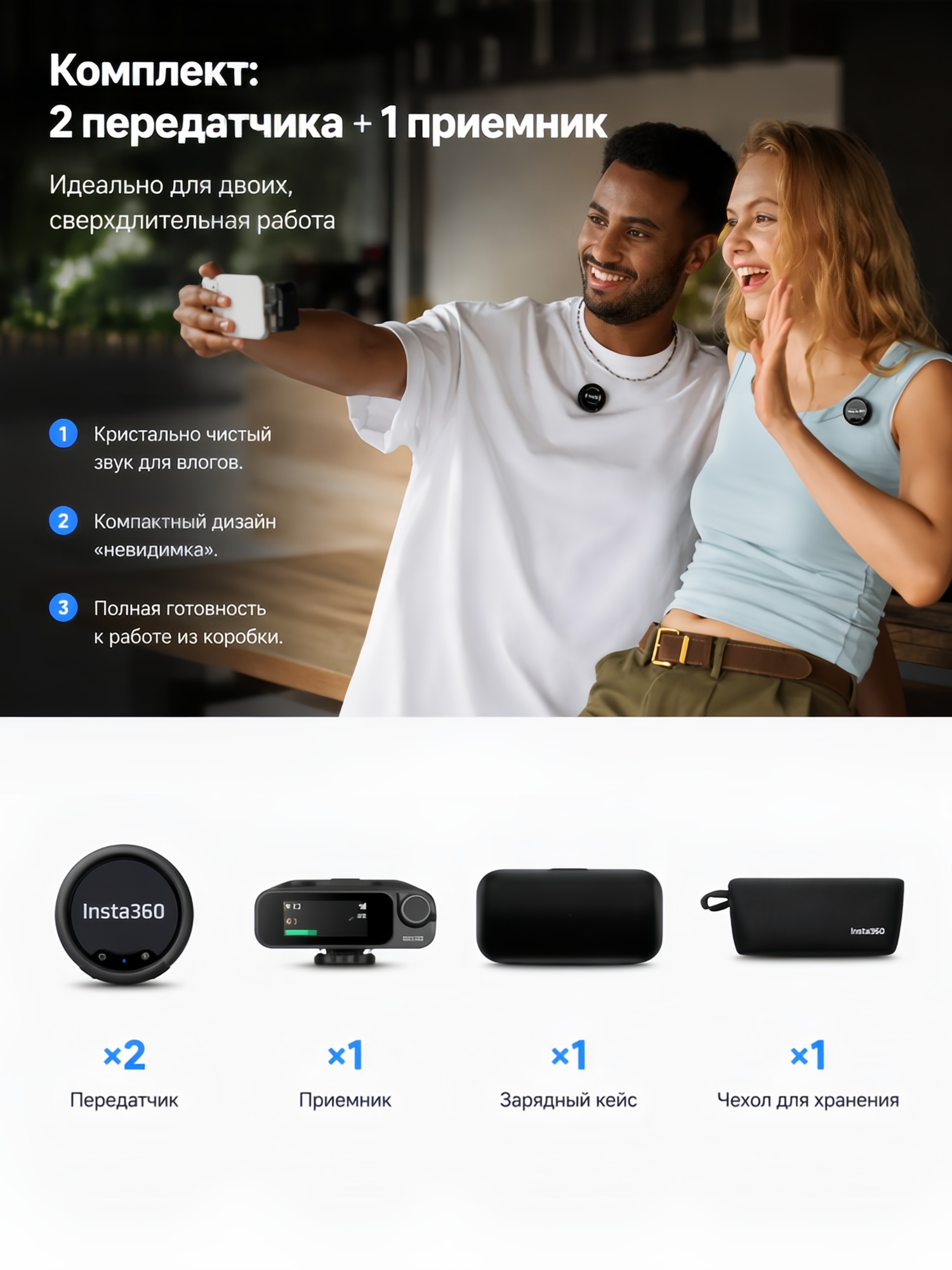 Петличный микрофон Insta360 Mic Pro 2TX+1RX, четыре режима захвата звука, память 32 ГБ, синхронизация таймкода