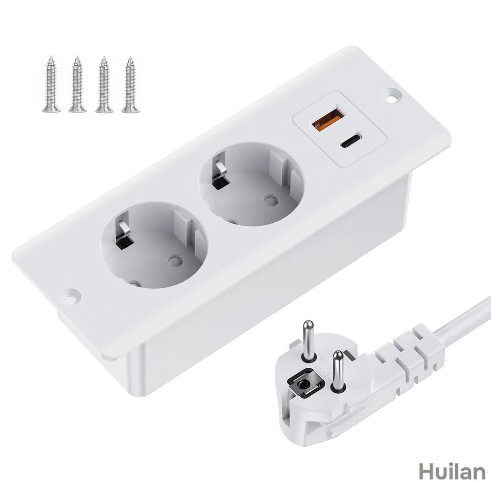 Встраиваемый удлинитель с 2 розетками и 1 USB + 1 Type-C (быстрая зарядка), встроенный монтаж, защита от перегрузки, 4000W 16A 240V, огнестойкий, кабель 2 м