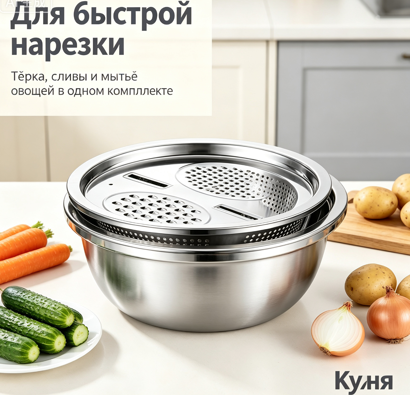 Набор из 3 нержавеющих емкостей для нарезки овощей, терка-слайсер, дуршлаг и миска для кухни