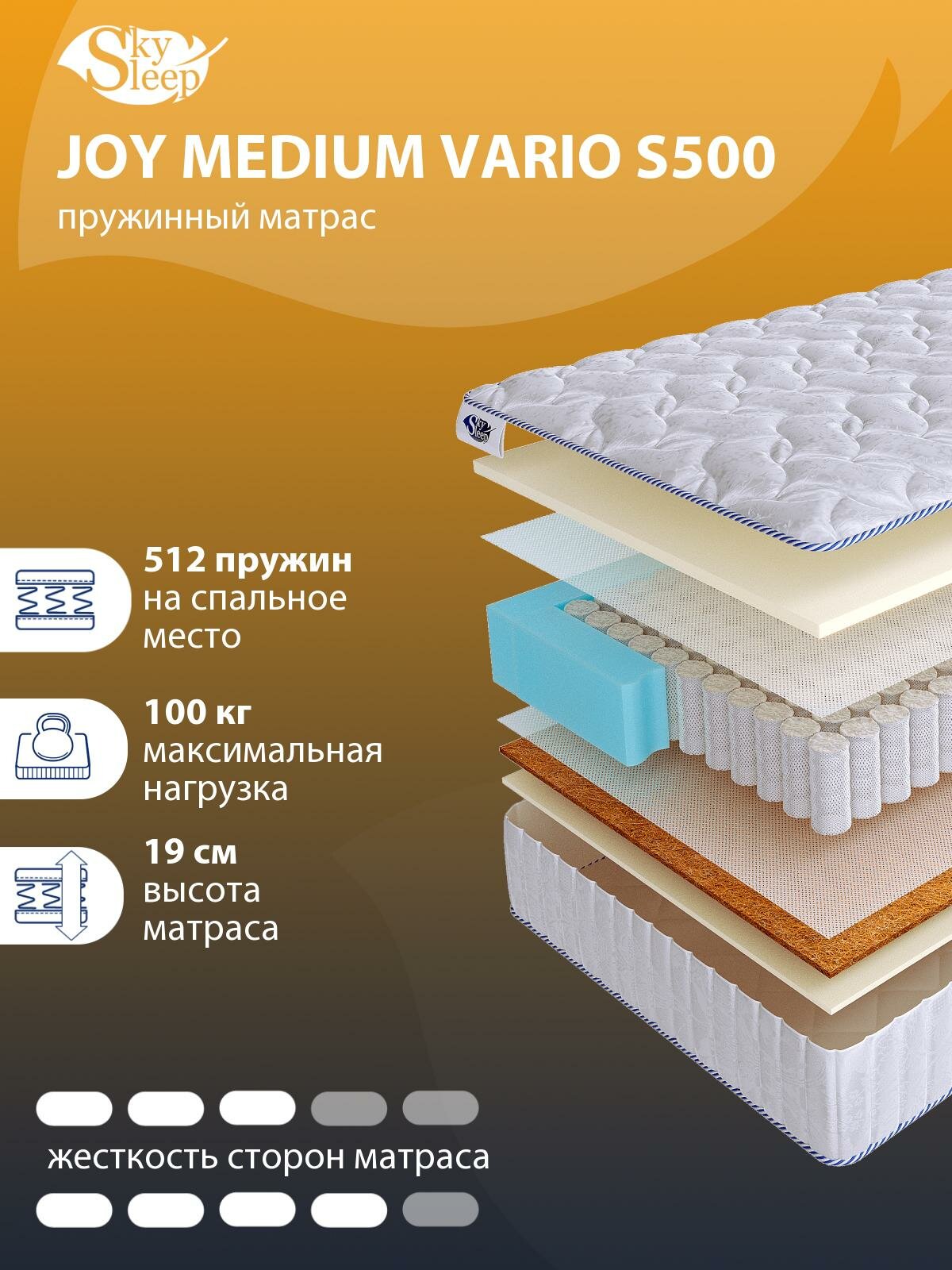 Ортопедический матрас SkySleep с независимыми пружинами JOY MEDIUM VARIO S500 на кровать 140x190