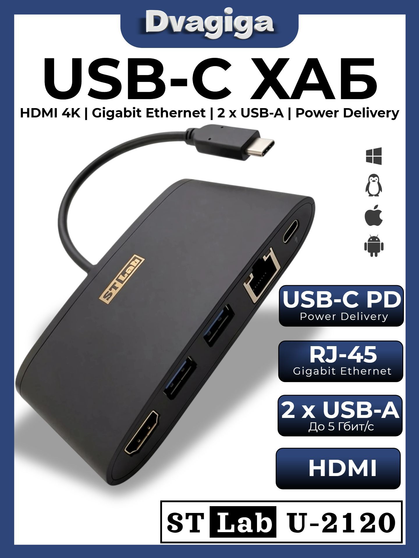 Многопортовый USB-C Адаптер ST-Lab U-2120. Мультипортовый ХАБ. 5 портов. (USB-C -> USB-C PD, 2 x USB-A, RJ45, HDMI.)