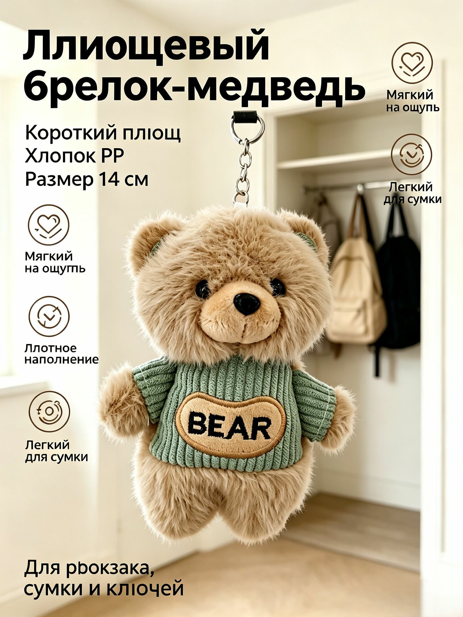 Плюшевый брелок-мишка 14 см 30 г с надписью BEAR, мягкая подвеска для рюкзака, сумки и ключей.
