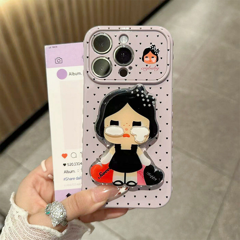 Фиолетовое сердечко и черная юбка кричащий кукла стойка для iPhone 13 Pro Max с полосатым ударопрочным силиконовым