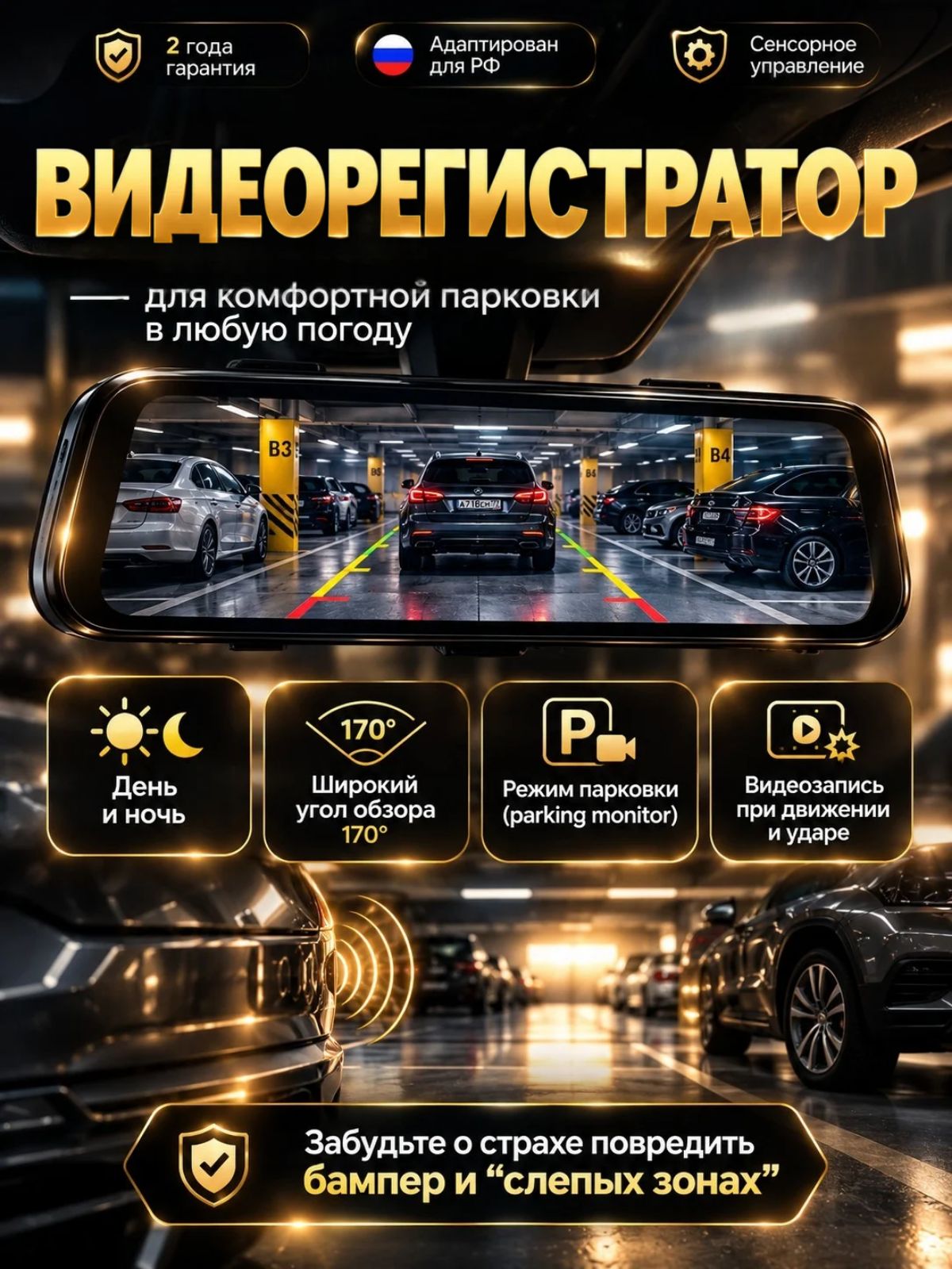 Видеорегистратор зеркало с 3 камерами, 4K запись, сенсорный экран