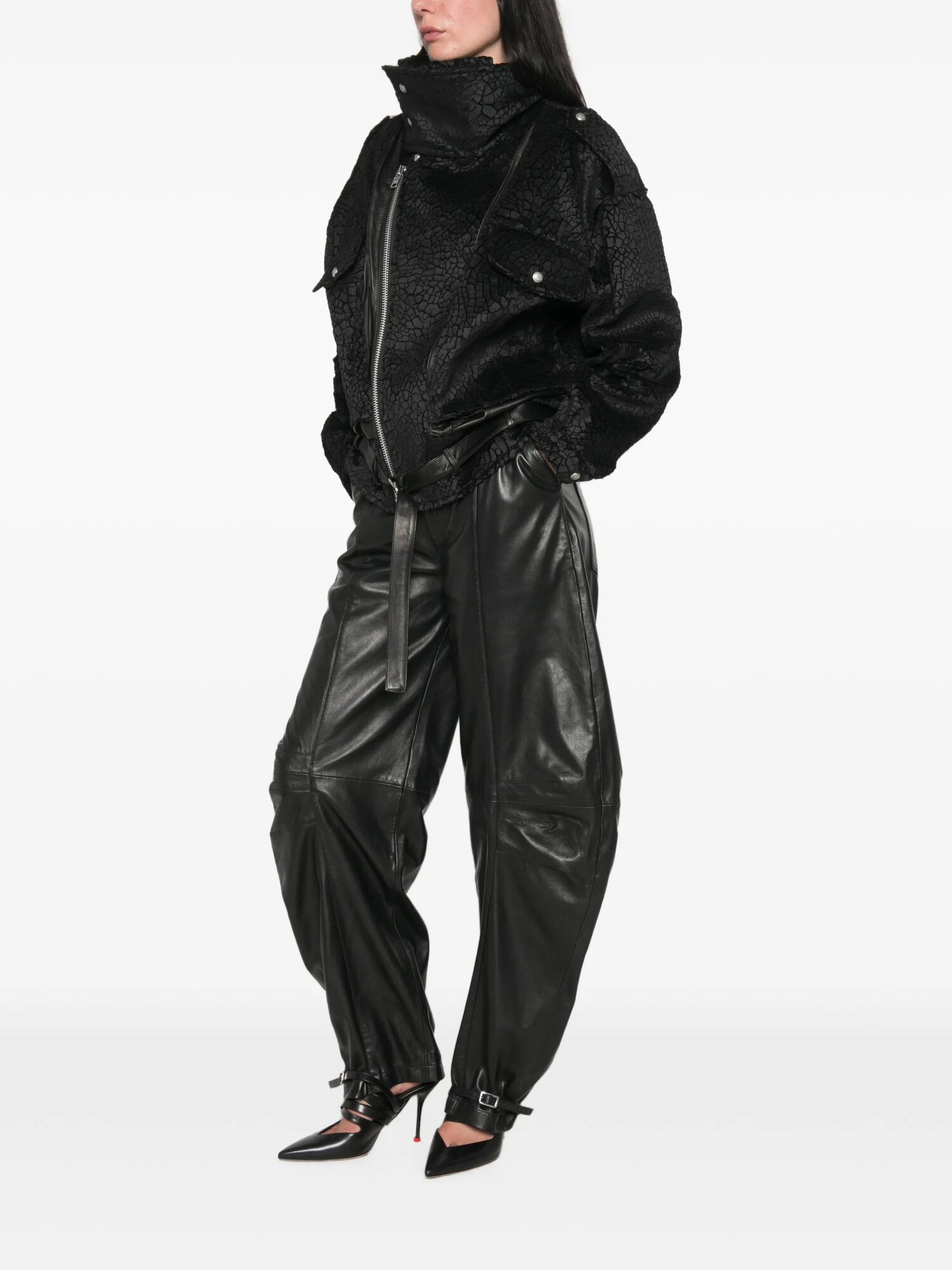 Куртка R13 Crackled-effect belted jacket, размер 2, black — фото 1