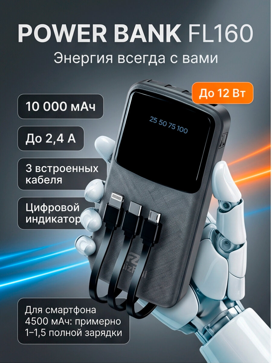 Внешний аккумулятор FL160 10000 мАч 2.4А с 3 кабелями черный