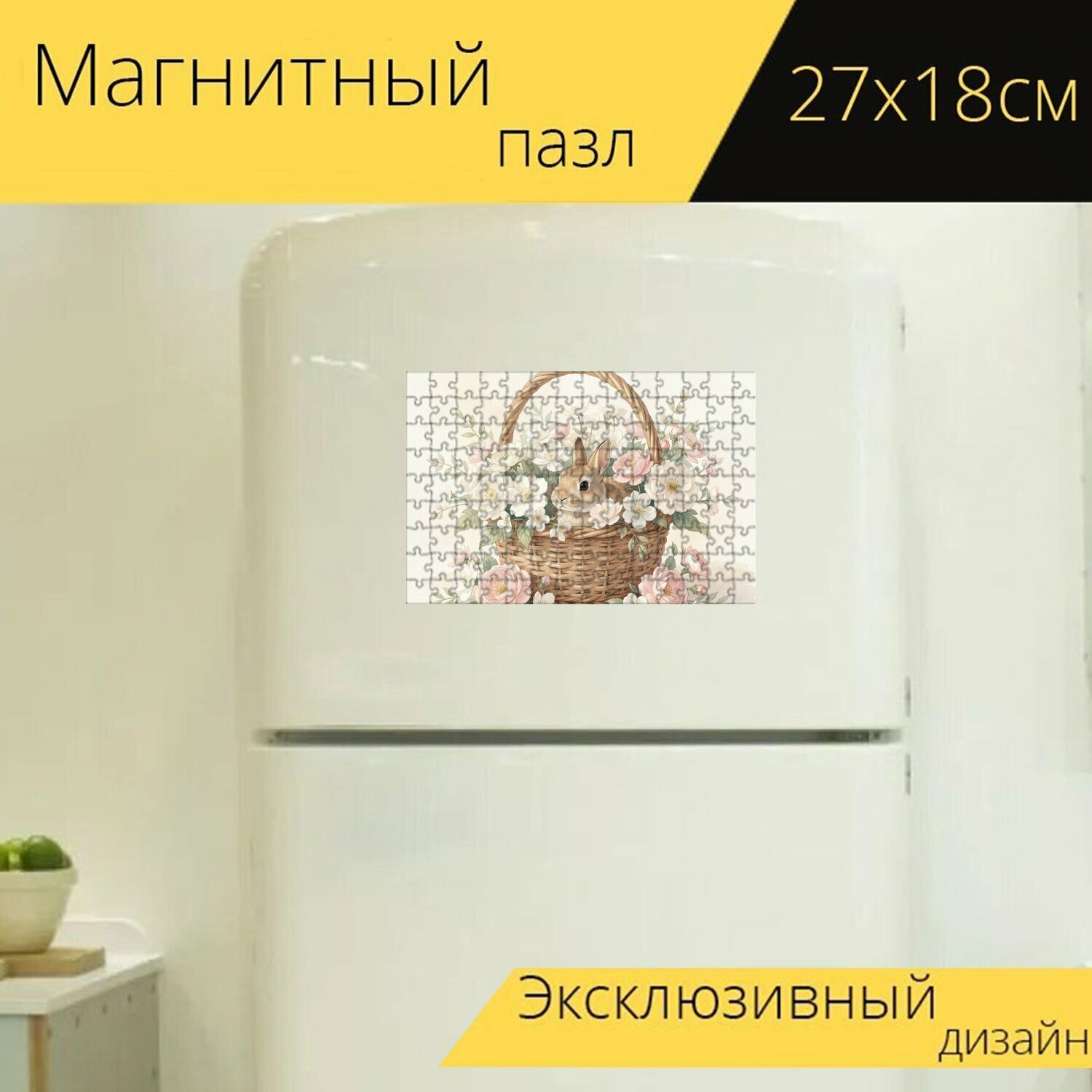 Магнитный пазл "Кролик в цветочной корзине. Нежная акварельная композиция: пушистый зайчонок среди розовых и белых весенних цветов в плетеном лукошке." на холодильник 27 x 18 см.