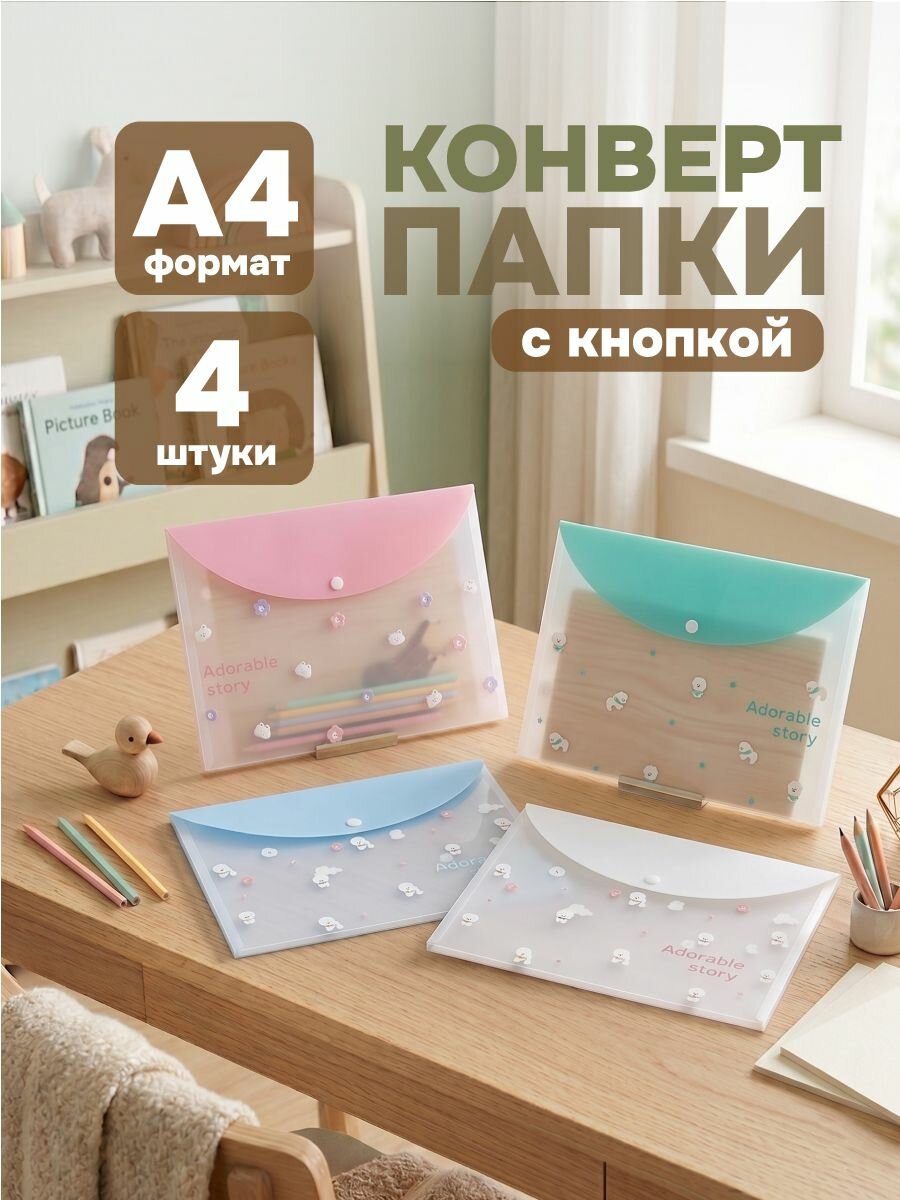 Папка-конверт на кнопке для документов и бумаг А4, набор 4 штук