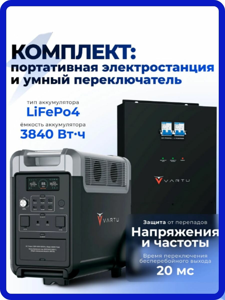 Комплект для резервного питания: электростанция VARTU 3840 Втч + умный переключатель