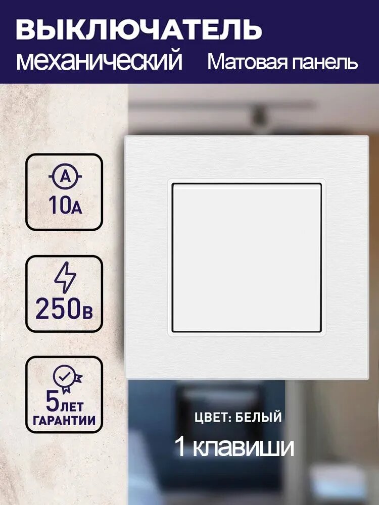 Выключатель механический одноклавишный с матовая рамкой, белый 1 пост