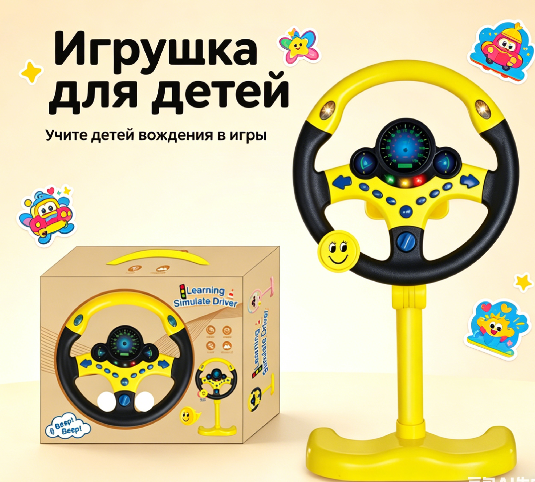 Руль детский "Музыкальная Игрушка Автомобиль", Вертикальное рулевое колесо желтого цвета, удобный