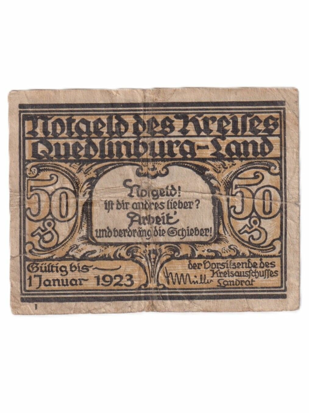 Подлинная банкнота 50 пфеннигов (нотгельд района Кведлинбург-Ланд) 1921 года, Германия
