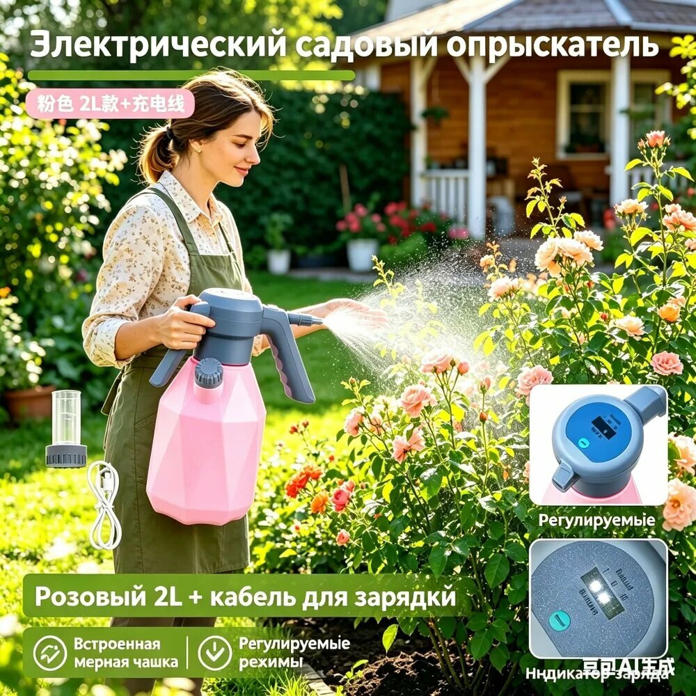 Электрическая лейка 2л, 4 режима, индикация заряда, с многофункциональной насадкой (4 режима струи), розовая, для сада