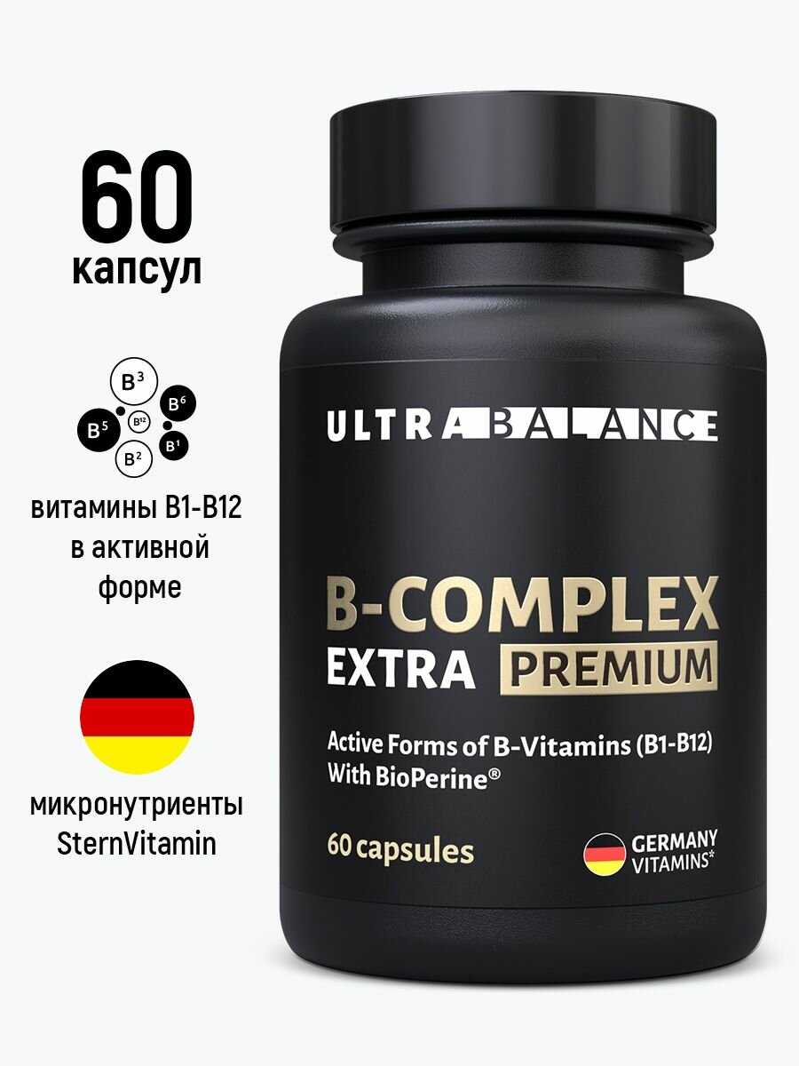 B-complex Extra UltraBalance комплекс витаминов группы б b1, b2, b3, b5, б6, b7 биотин, b9, б12, бад для энергии и красоты, витамины для женщин и мужчин, 60 капсул витамины группы B бад для энергии