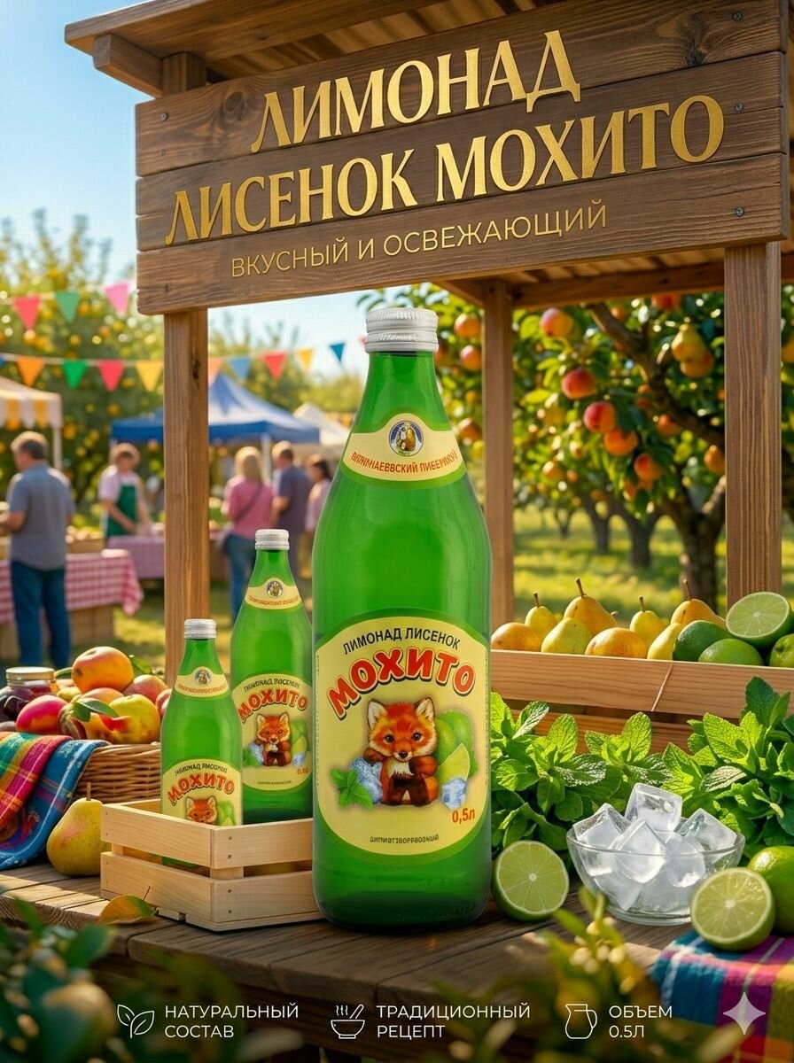 Лимонад Карачаевский (Лисенок) - вкус Мохито 0,5л стекло (упаковка 0.5л х 20шт.)