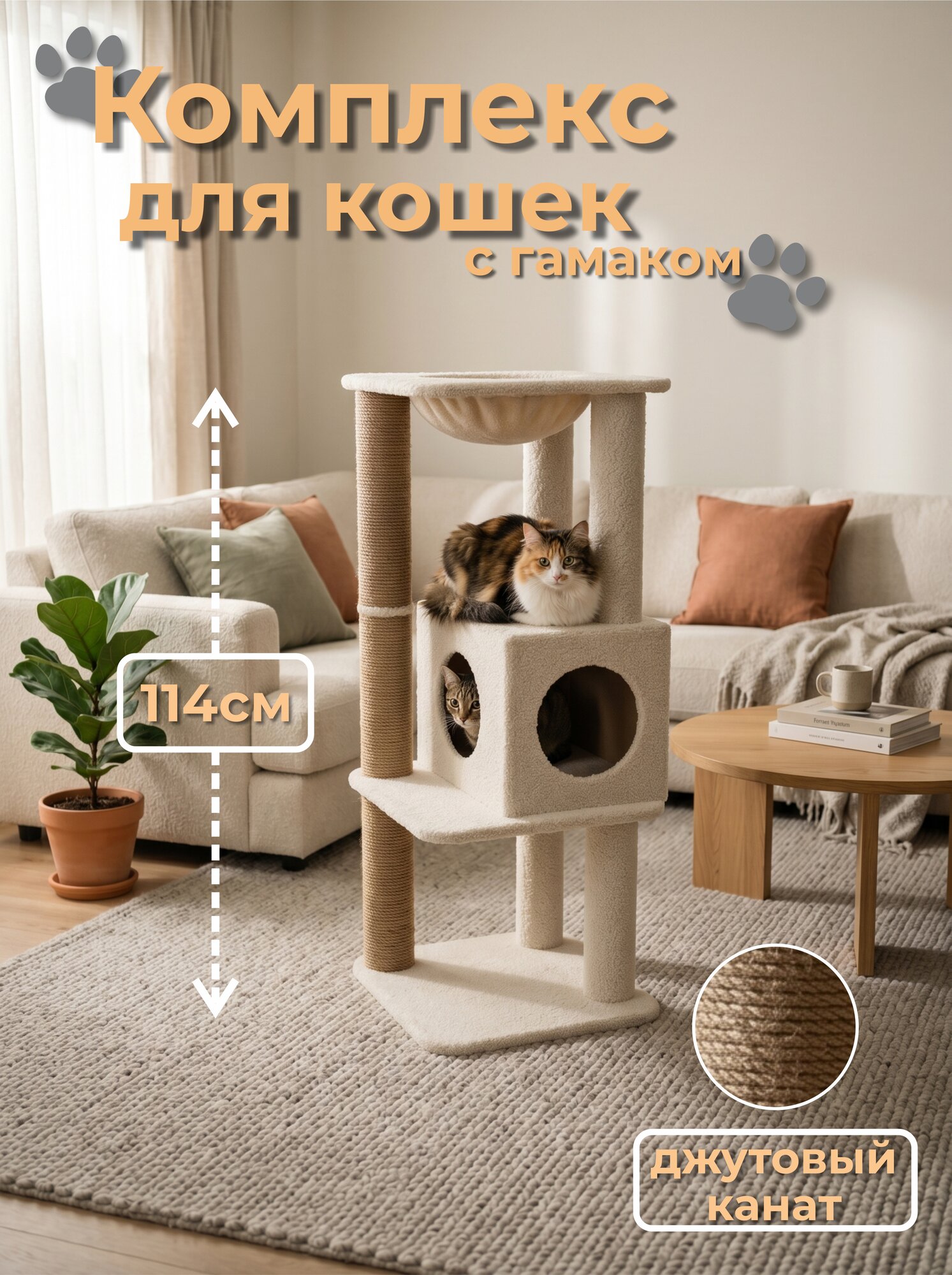 Комплекс домик когтеточка для кошек 114см