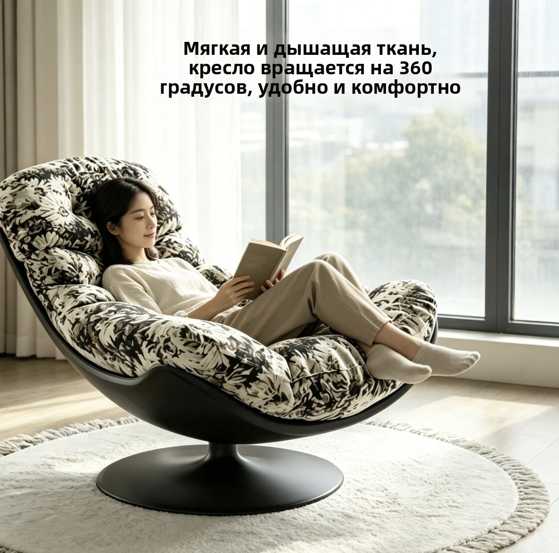 Вращающееся кресло из искусственной замши, 108*94*88 см, подушка-подсолнух, черное основание
