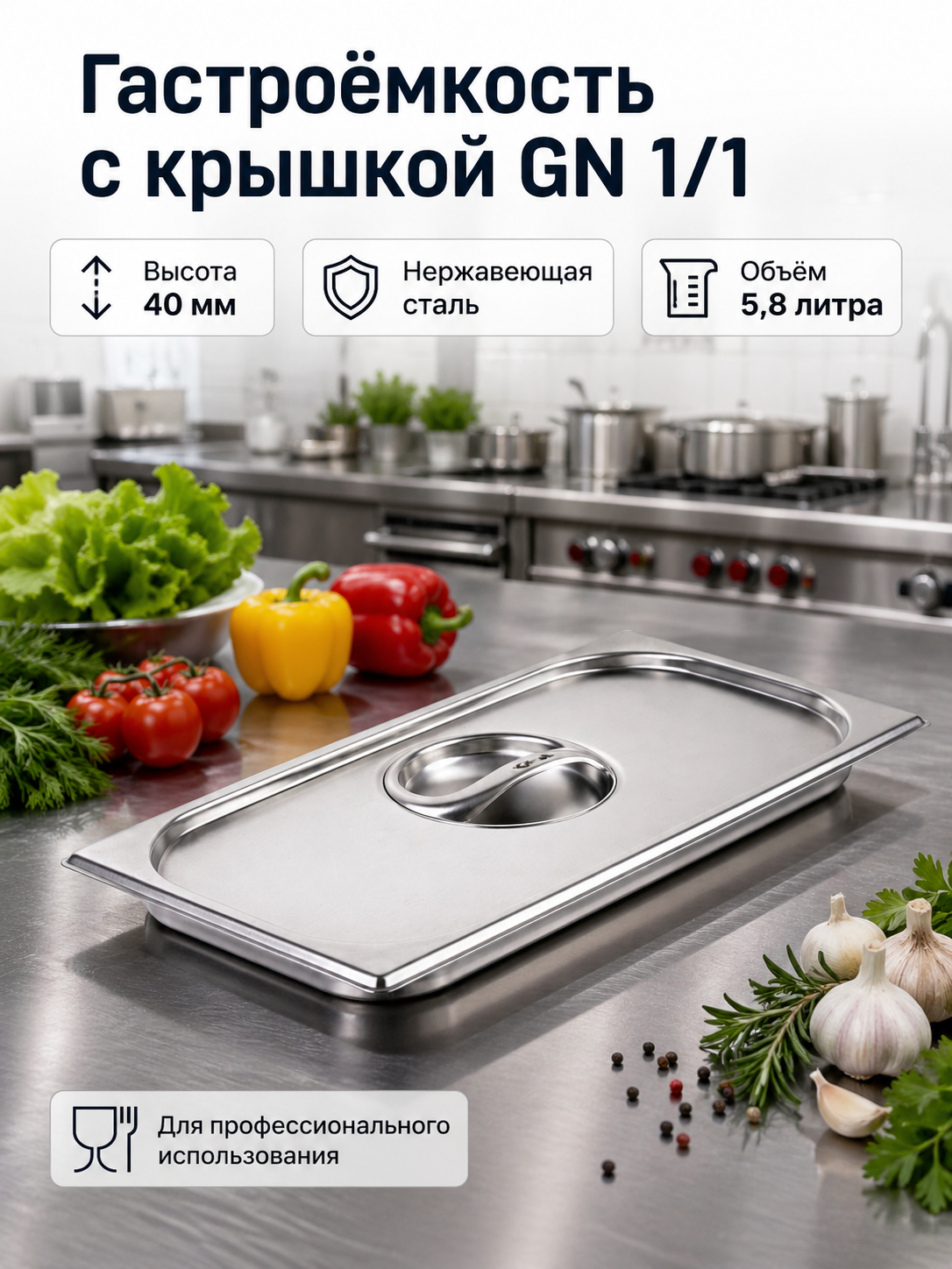 Гастроемкость GN 1/1-40 мм с крышкой, нерж. сталь