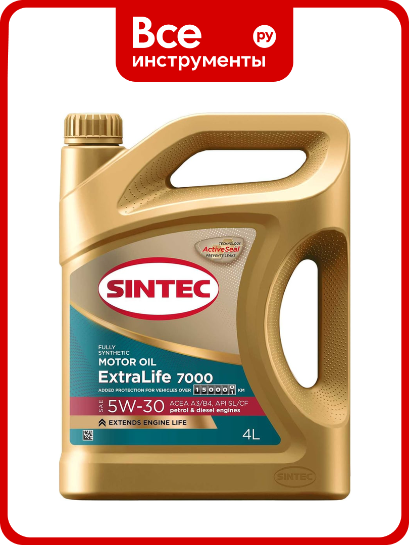 Моторное масло Sintec extralife 7000 sae 5w-30, api sn/cf, acea a3/b4, синтетическое, 4 л 600256