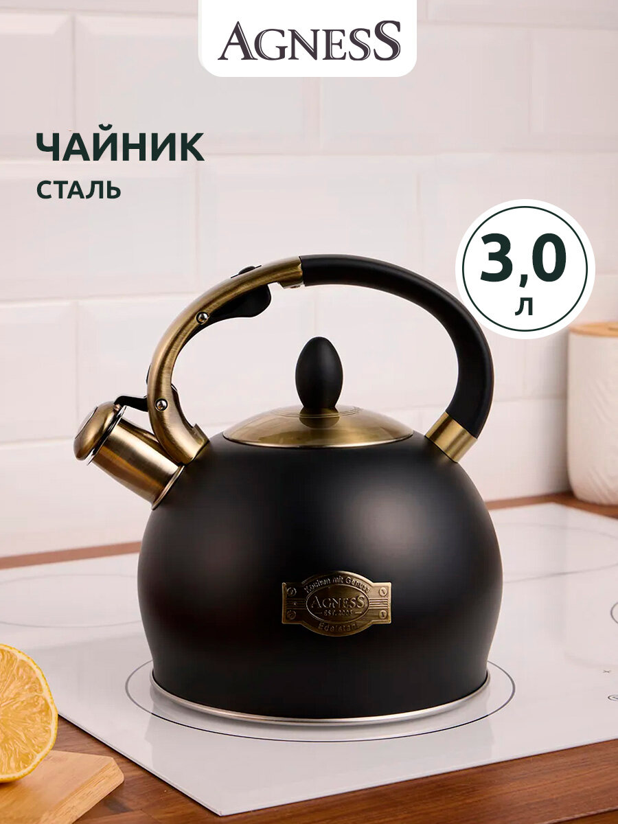 Чайник для плиты Agness со свистком, серия "Черное Золото", 3 л, термоаккумулирующее дно, индукция