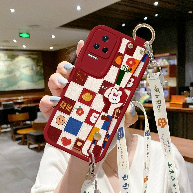 Чехол для смартфона Xiaomi Redmi K40 с ремешком и подвесом, красный, дизайн с узором улыбки, прочный