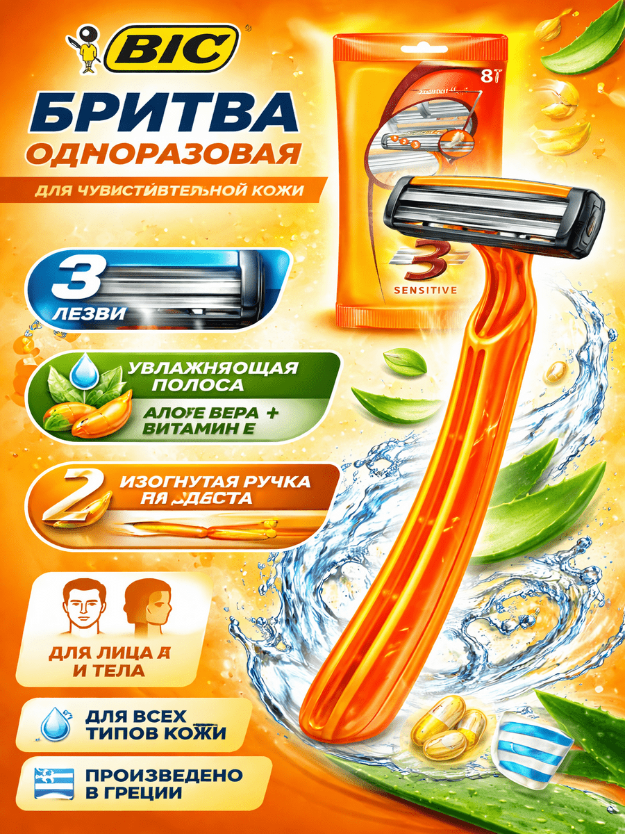 Бритва одноразовая мужская BIC 3 для чувствительной кожи, 8 шт