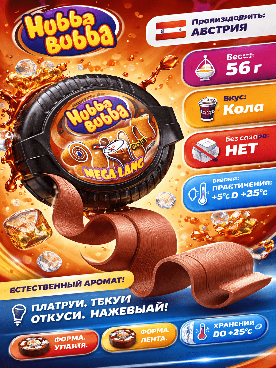 Жевательная резинка Hubba Bubba Mega Long Cola, 56г