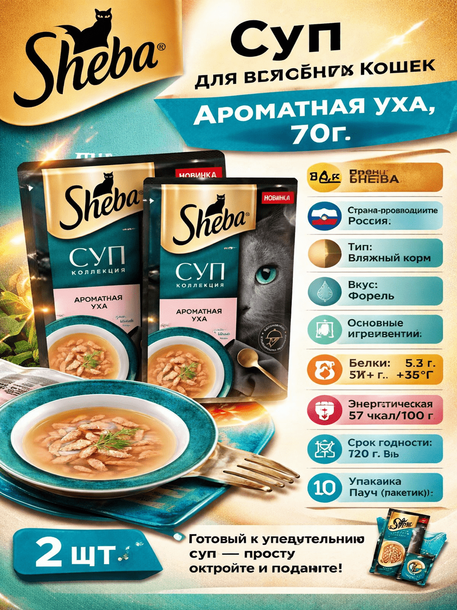 Суп для взрослых кошек Sheba ароматная уха, 70г x 2 упаковки