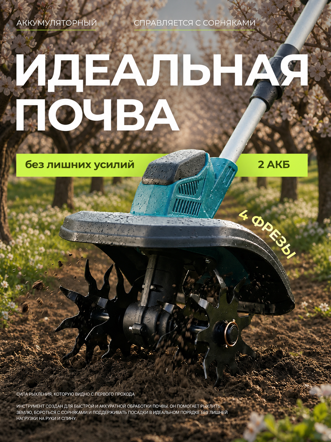 Культиватор аккумуляторный для земли 4 ножа, 2 аккумулятора, мощный для дачи и сада
