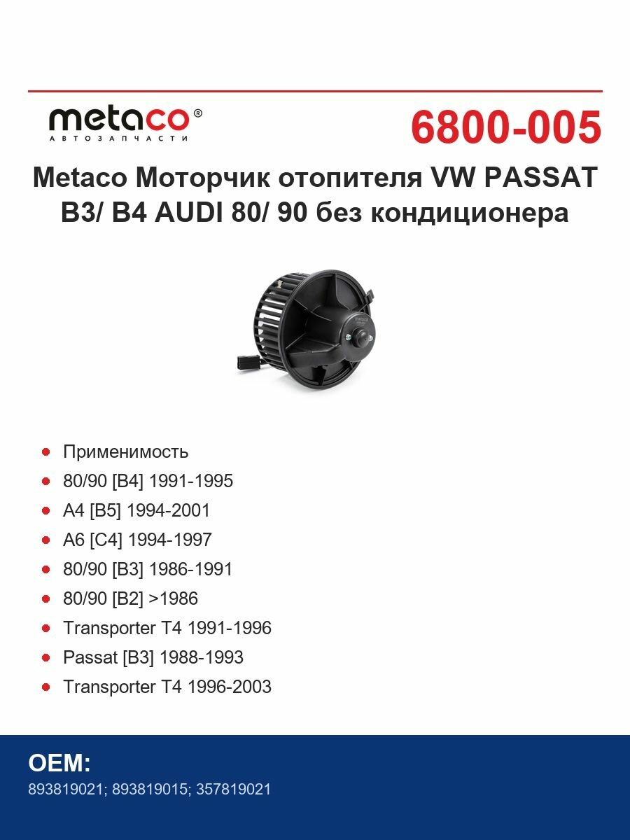Metaco Моторчик отопителя VW PASSAT B3/ B4 AUDI 80/ 90 без кондиционера