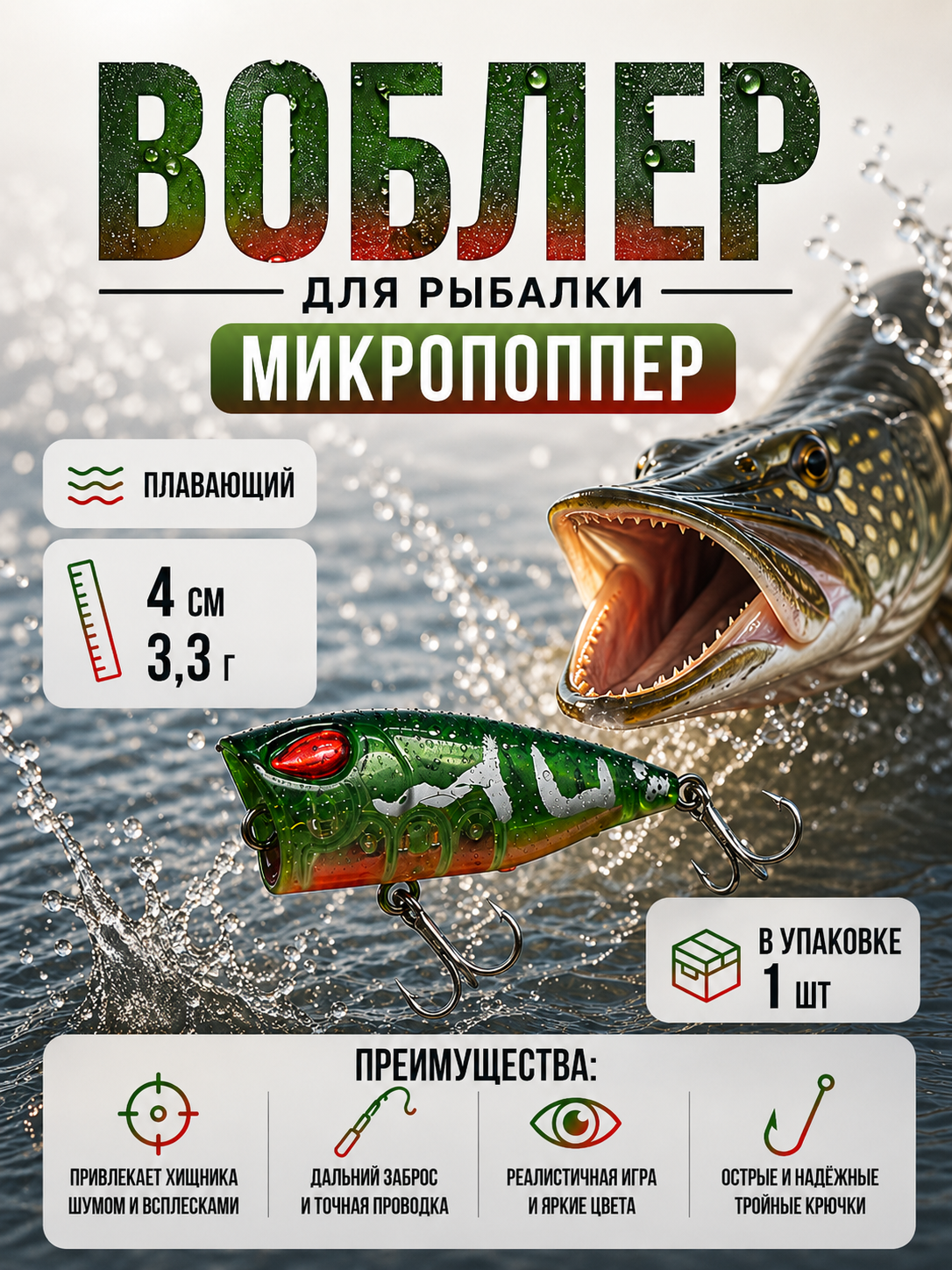 Воблер микропоппер, плавающая поверхностная приманка, с тройными крючками, 4 см/3,3 г , красно-зеленая