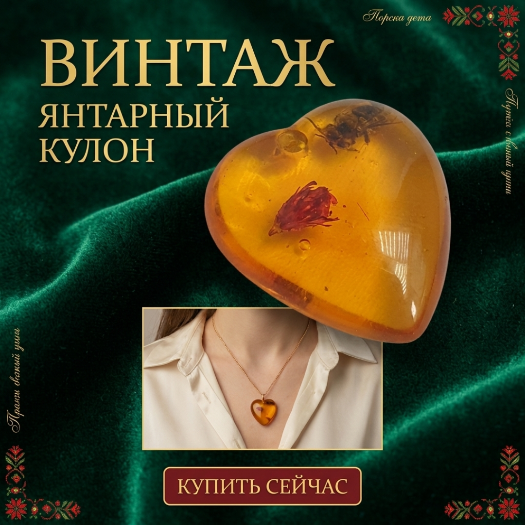 Винтажный кулон СССР. Янтарь, подвеска сердце из смолы с насекомым и сухоцветом.