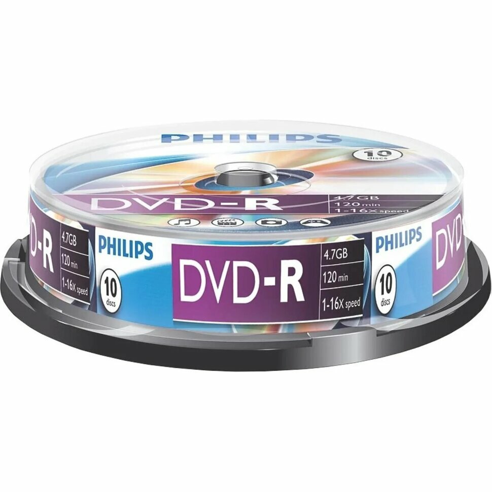 Носители информации DVD-R Philips (DM4S6B10F/97)4.7 Gb,16x, Cake Box 10шт/уп, 2097487