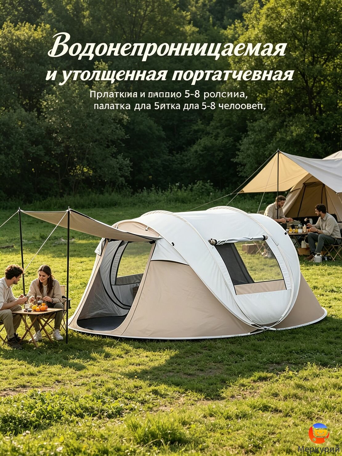 Палатка автоматическая 3-4 человека, моментальное открытие за 1 секунду, двухслойная непромокаемая, ветрозащитная, с тамбуром, портативная сумка в комплекте, для рыбалки и пляжа
