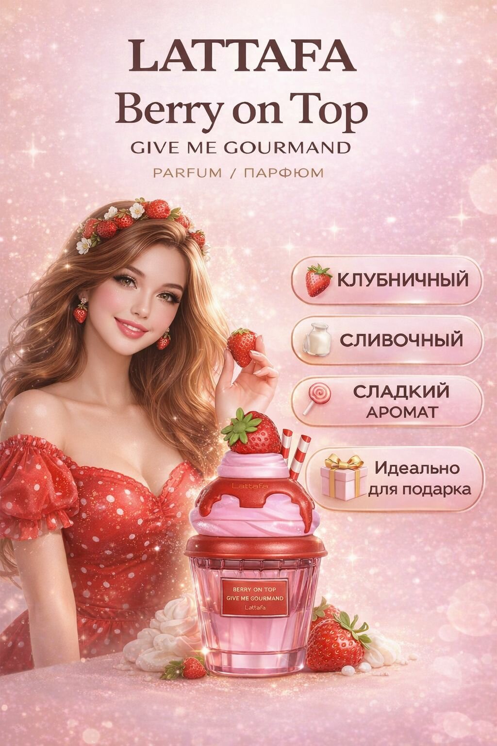 Парфюм Lattafa Berry On Top Give Me Gourmand женский, сладкий гурманский аромат с клубникой и ванилью, EDP 75 мл