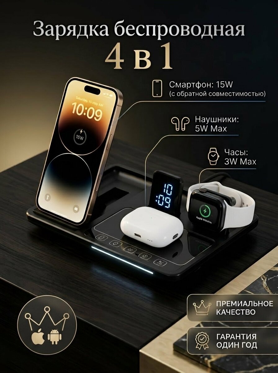 Беспроводная зарядка 4 в 1, с часами, для iPhone, Android, Apple Watch, AirPods