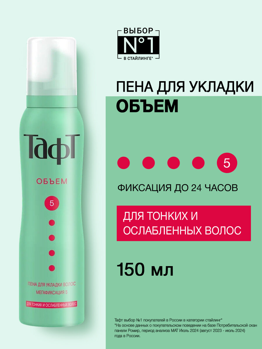 Тафт Пенка для укладки волос Объём, для тонких и ослабленных волос, мегафиксация 5, 150 мл
