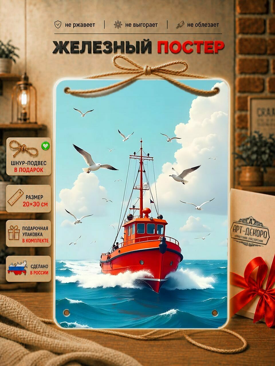 Железный постер 20 на 30 см. Корабль море, подарочная упаковка в комплекте