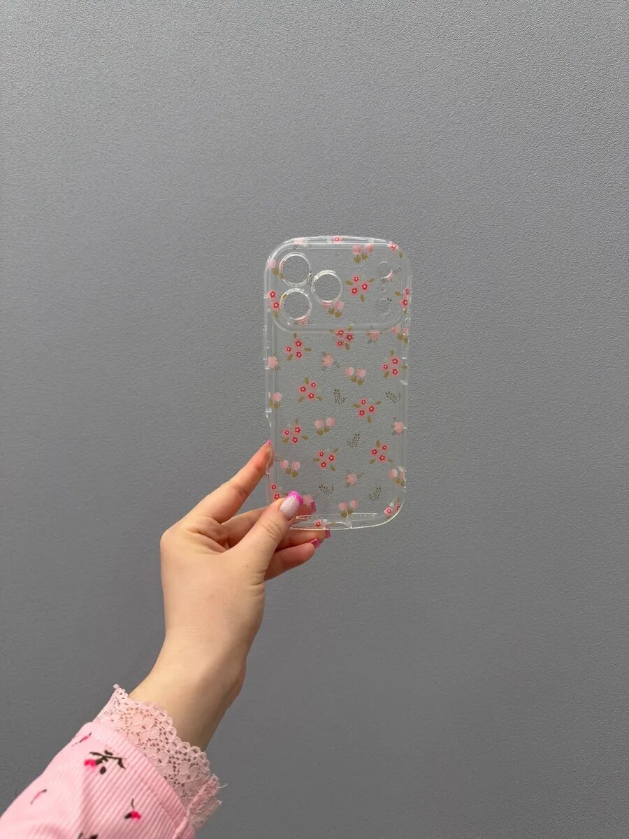 Чехол на Iphone 17 Pro Max , полупрозрачный , с рисунком розовых цветов — фото 1