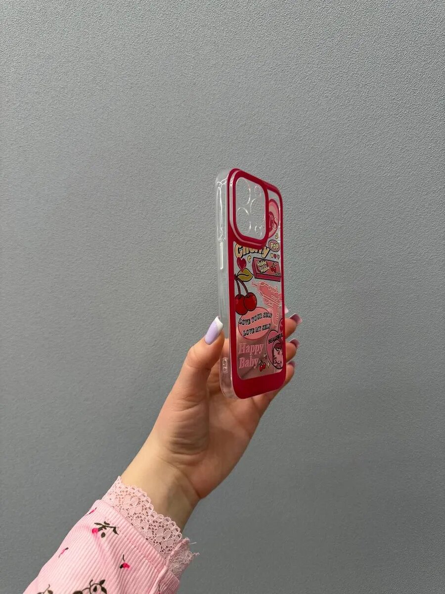 Чехол на Iphone 15 Pro, цвет красный, принт "Вишни" , женский . — фото 1