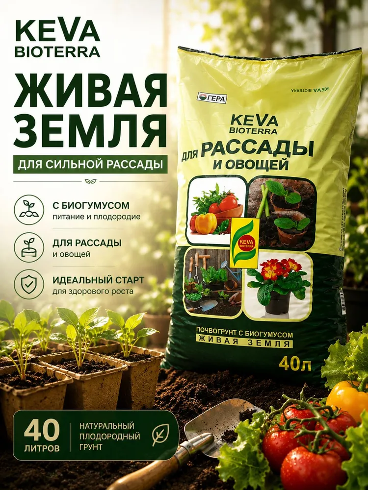 Почвогрунт гера KEVA BIOTERRA для Рассады и Овощей, с биогумусом, 40 л