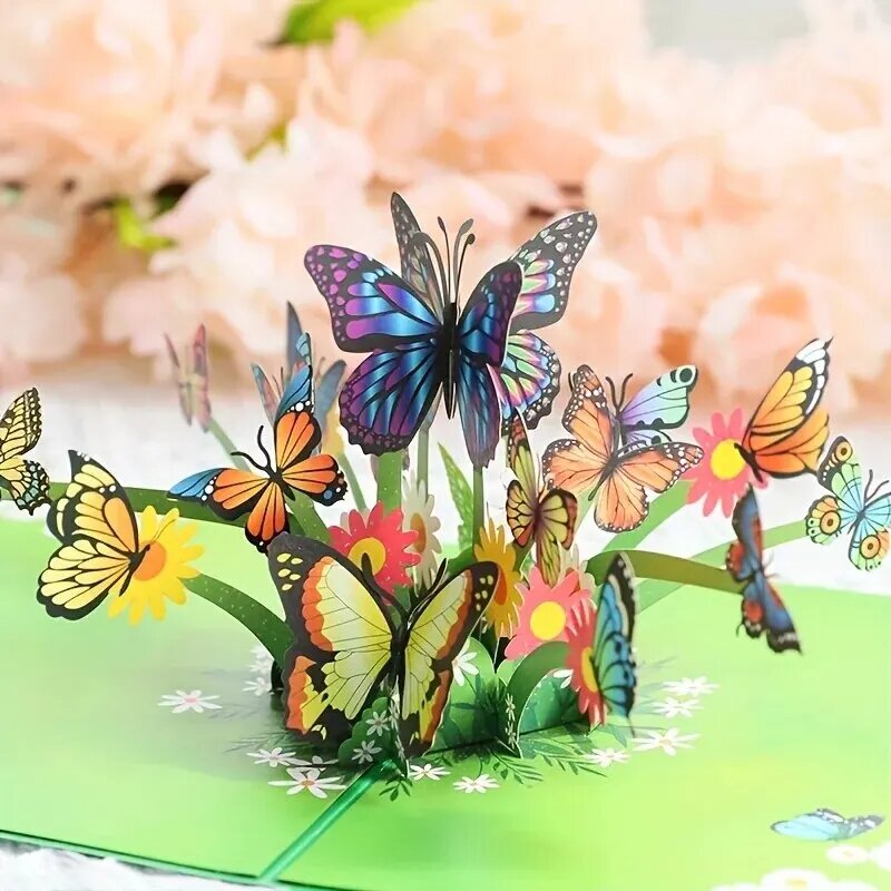 Открытка 3D с бабочками, зеленая