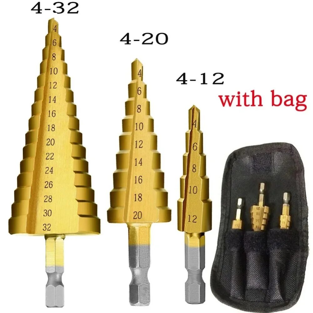 Набор сверл 3 шт, 4-12, 4-20, 4-32 мм, шестигранные, титановое покрытие WIth Cloth Bag