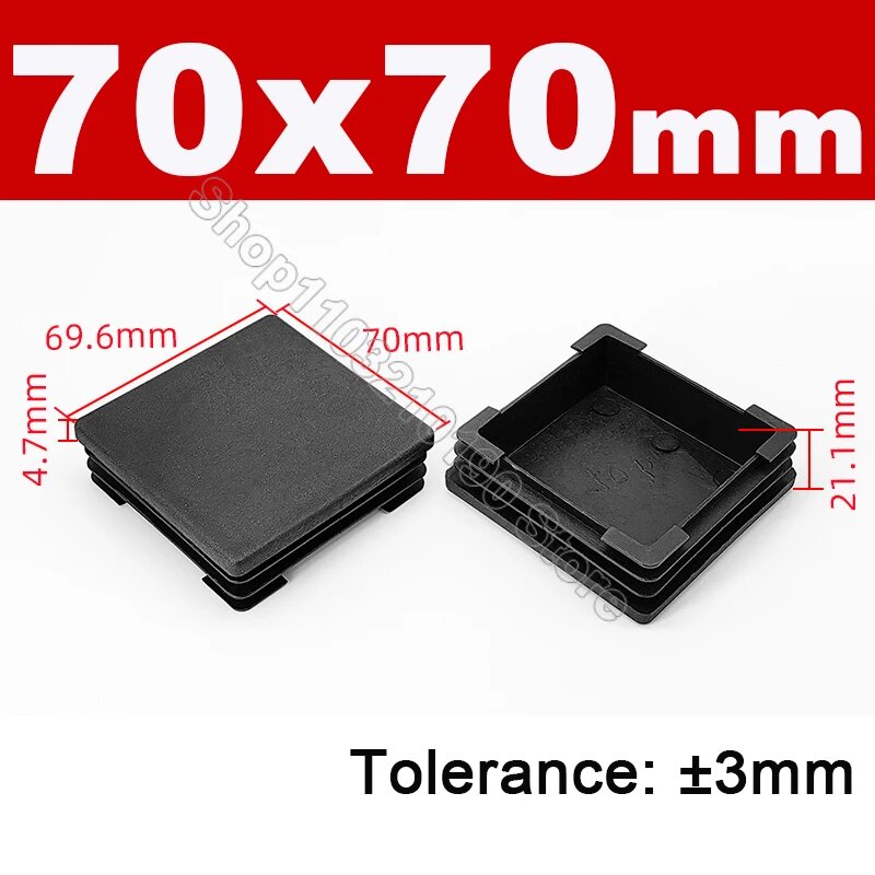 Черные квадратные пластиковые заглушки для труб 10-200 мм 1Pc, 70x70mm