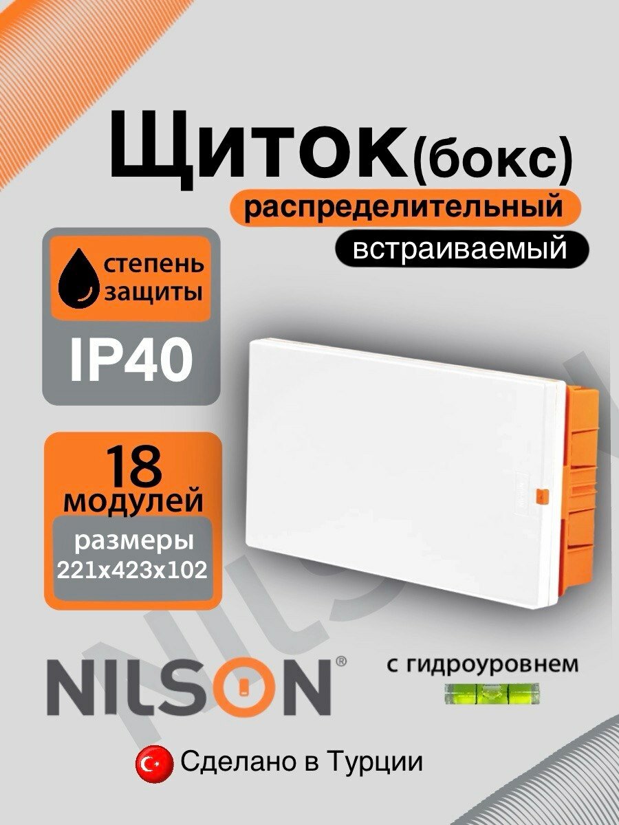 Щиток (бокс) электрический для автоматов на 18 модулей, 1 DIN-рейка, 1 ряд, пластиковый, белый - Щит распределительный встраиваемый ЩРВ-П-18 мод. NILSON Quantum